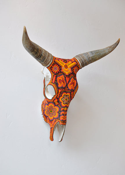 Huichol Beaded Skull Orange Red with Two Llamas